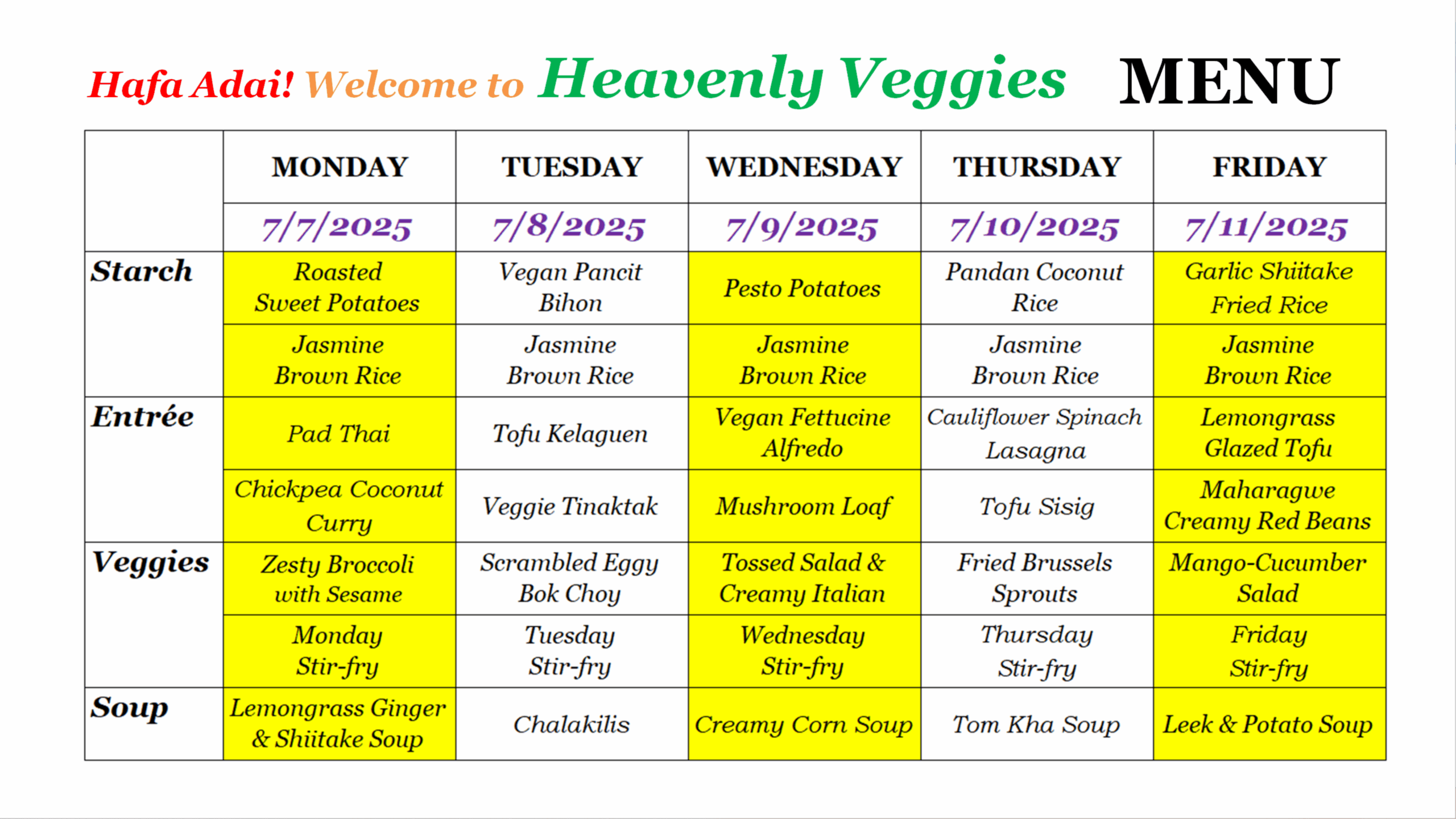 MENU - Heavenly Veggies